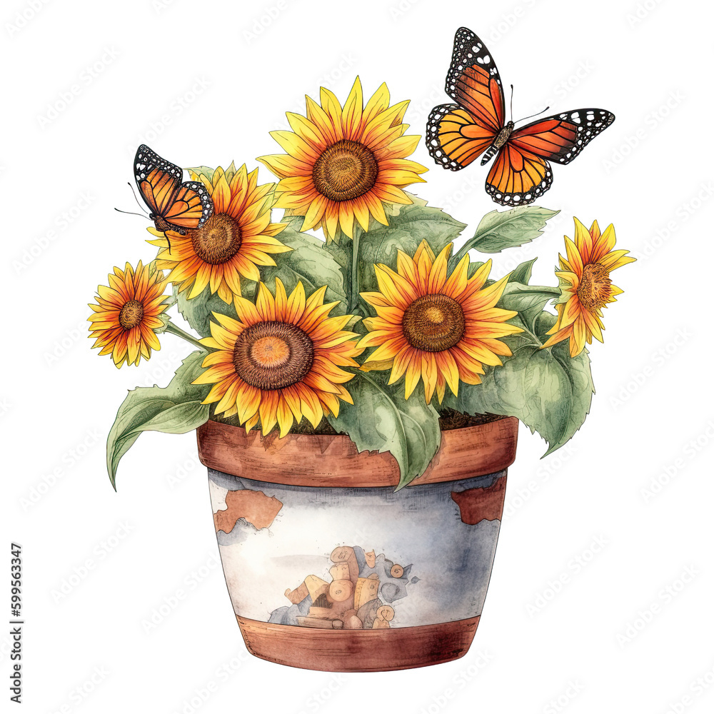 Sunflowers in pot and butterflies Watercolor Clipart Sublimation ...