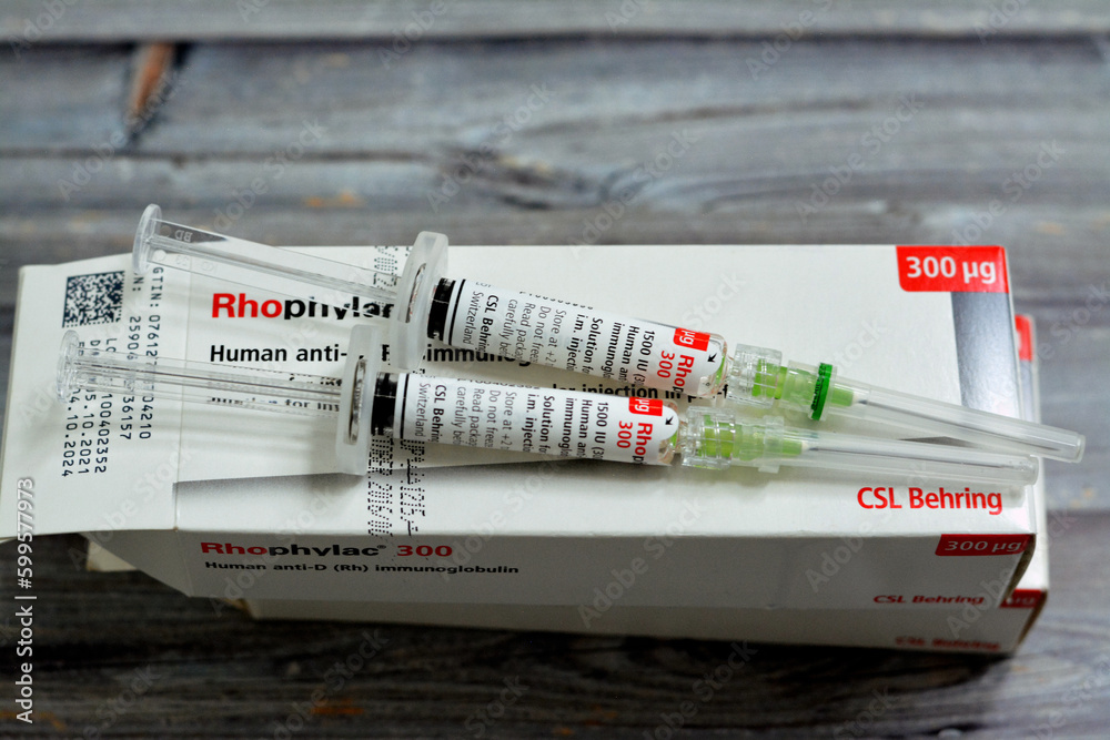 Cairo, Egypt, May 2 2023: Human anti-D (Rh) immunoglobulin Rhophylac ...