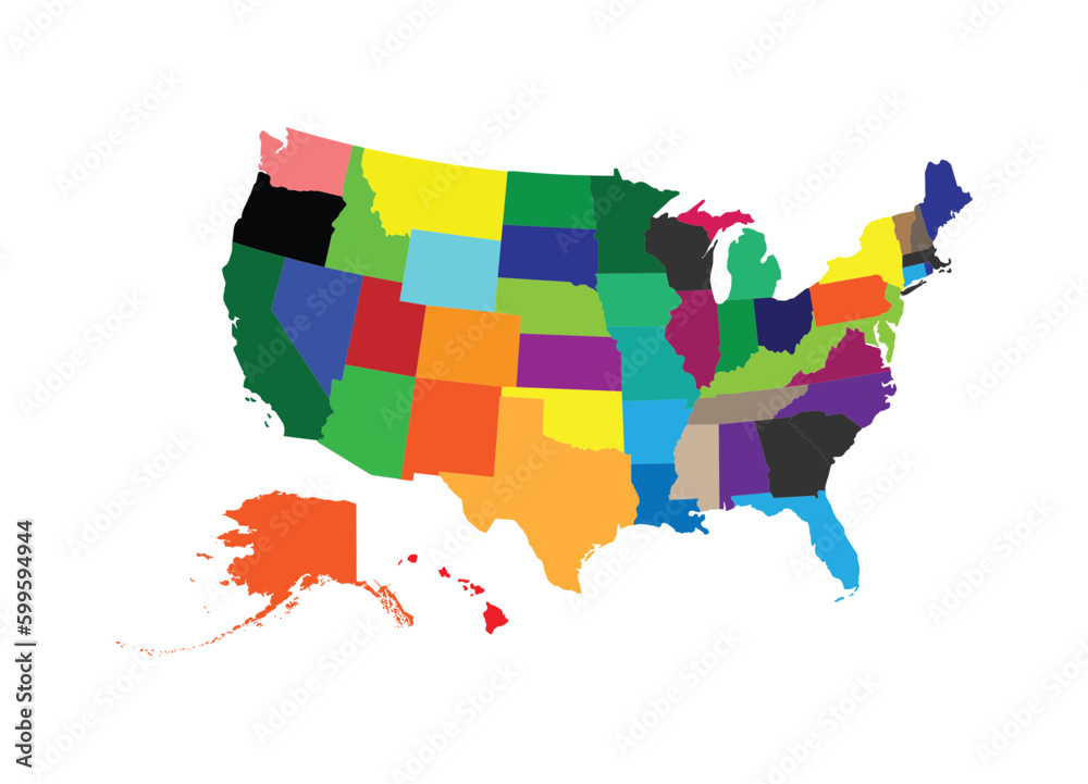 America map. Detailed map United States. Colored map of all US states ...