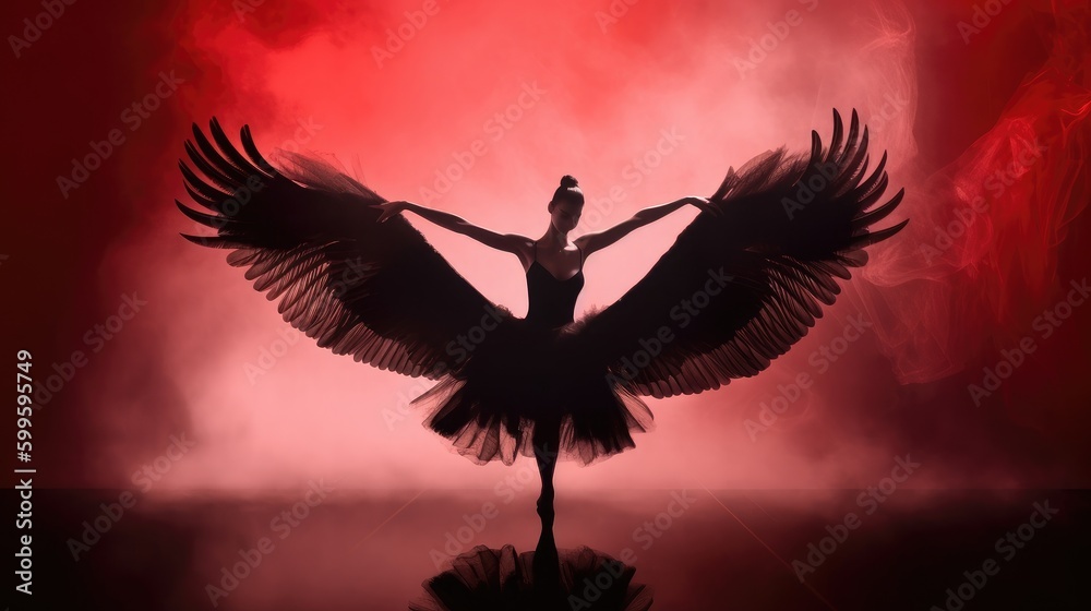Female ballet dancer with black swan wings in black feathers tutu dress ...