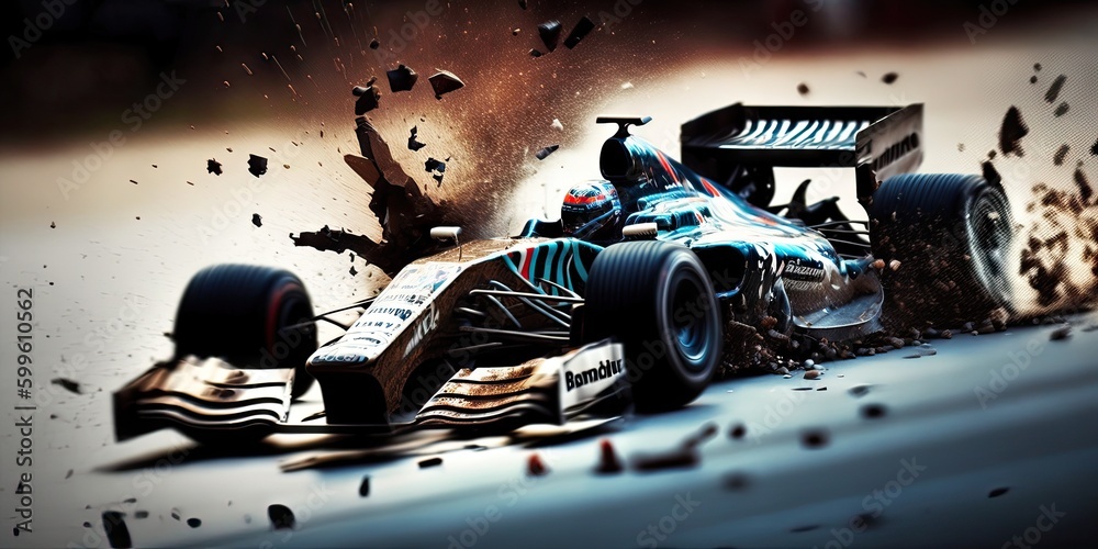 high speed f1 racecar major wreck capture by tilt-shift camera angle ...