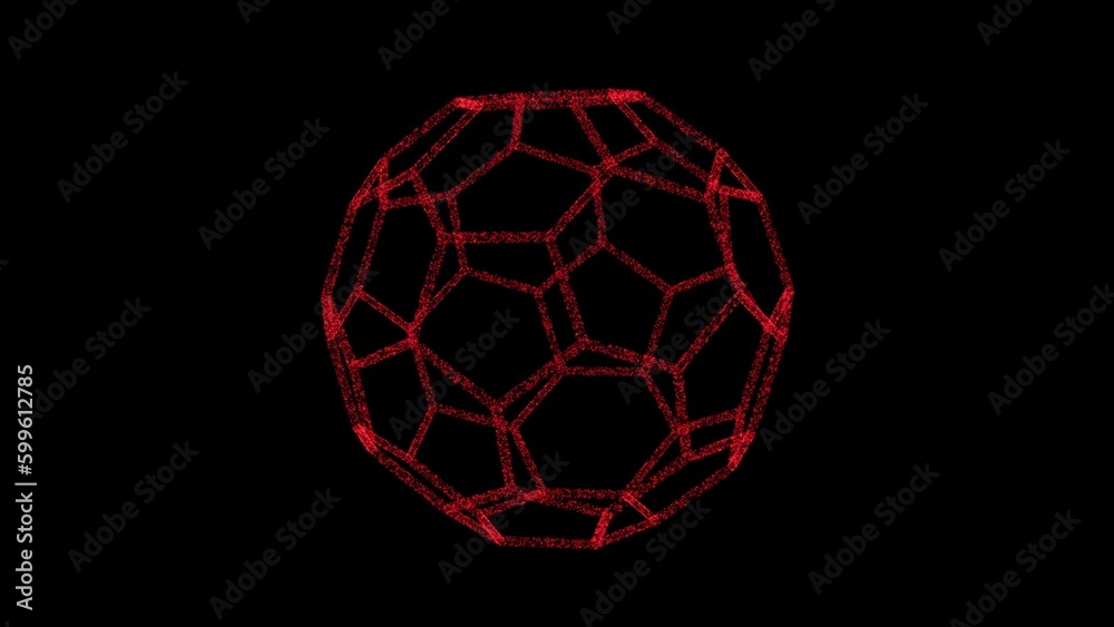 3d Red Polyhedral Ball On Black Backdrop Object Consisting Of Flickering Particles Science