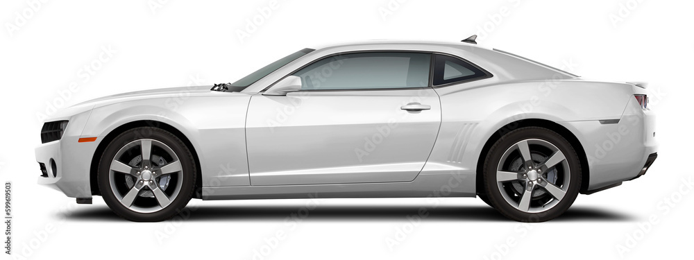 Modern powerful american muscle car in white color. Side view on a ...
