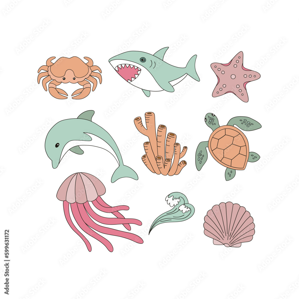 Cartoon dolphin, shark, crab, starfish, sea turtle, jellyfish, coral ...