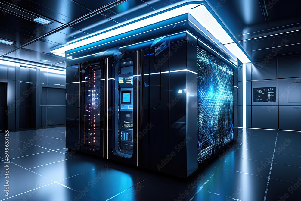 Generative AI illustration of digital terminal with glowing lights placed in futuristic data ...