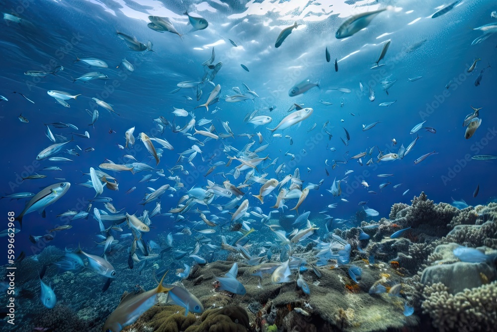 microplastics and their impacts in a marine ecosystem, with schools of ...