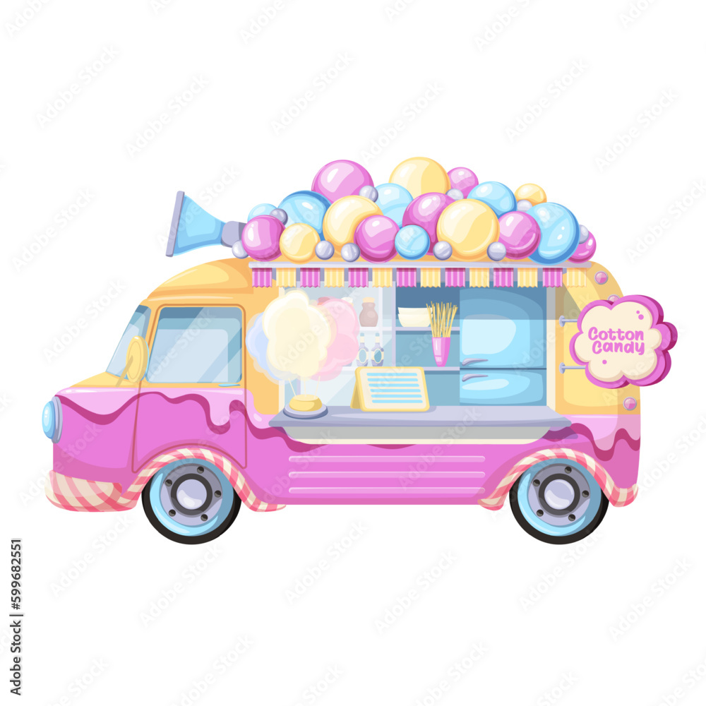 Cotton candy truck vector illustration. Cartoon isolated cute bus ...
