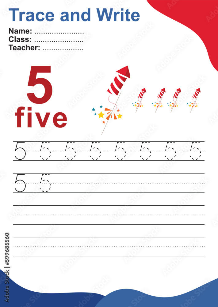 Number five tracing practice worksheet with 5 firecrackers for kids ...