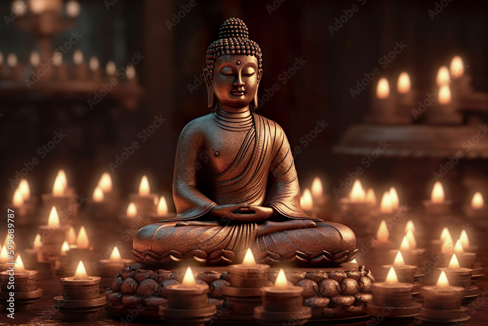 Ilustración de Stock Statue of Buddha in a temple with candles burning ...