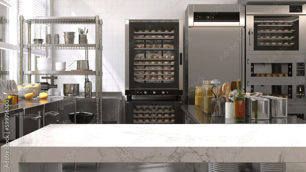 Empty clean white marble top island table in commercial, professional ...