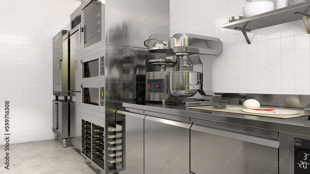 Commercial, professional bakery kitchen, stainless steel cabinet with ...