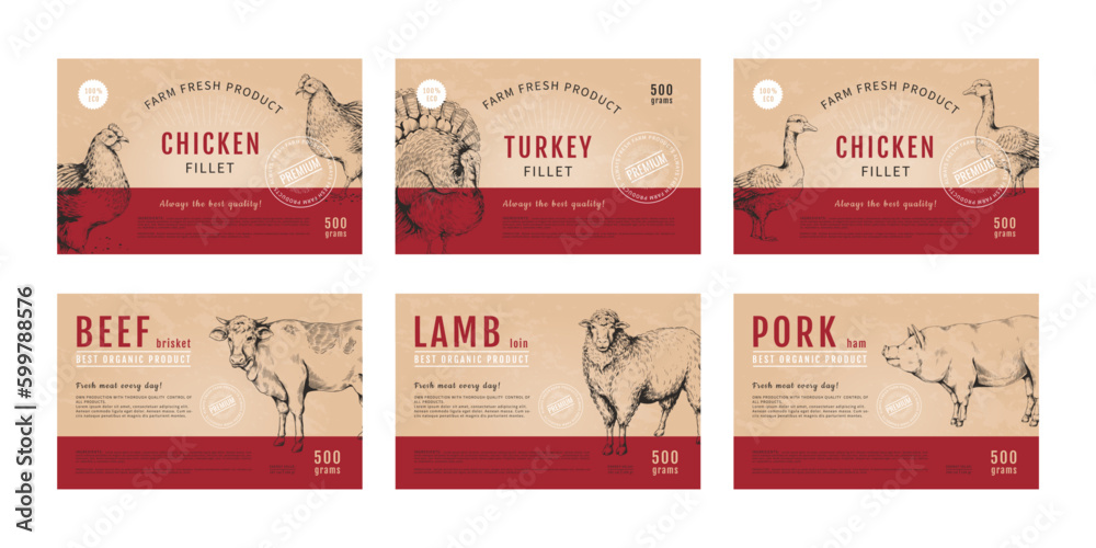 Meat package. Chicken and turkey, beef lamb and pork label, farm food ...