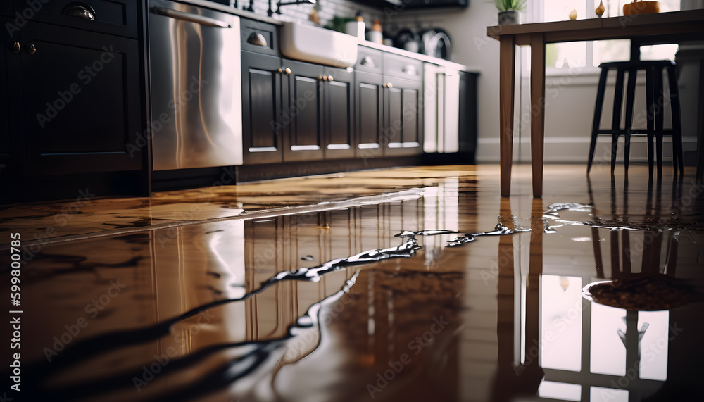 Flooded floor in kitchen from water leak. Damage , Property insurance concept. Generation AI ...