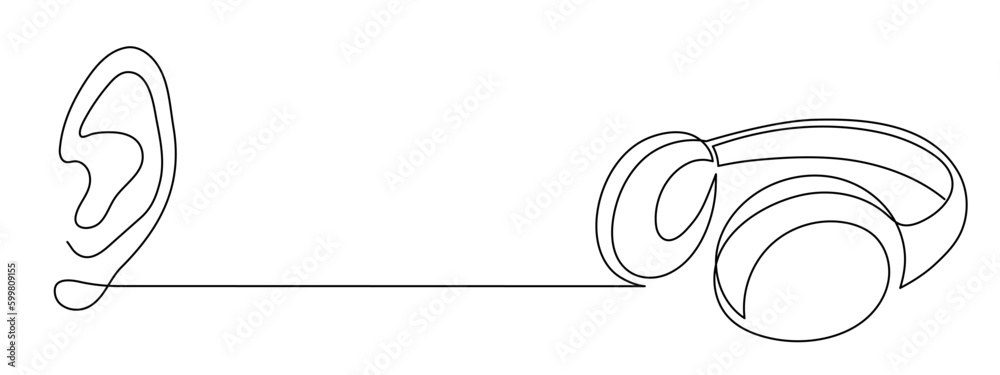 Headphones and ear one line art,hand drawn hearing device gadget ...