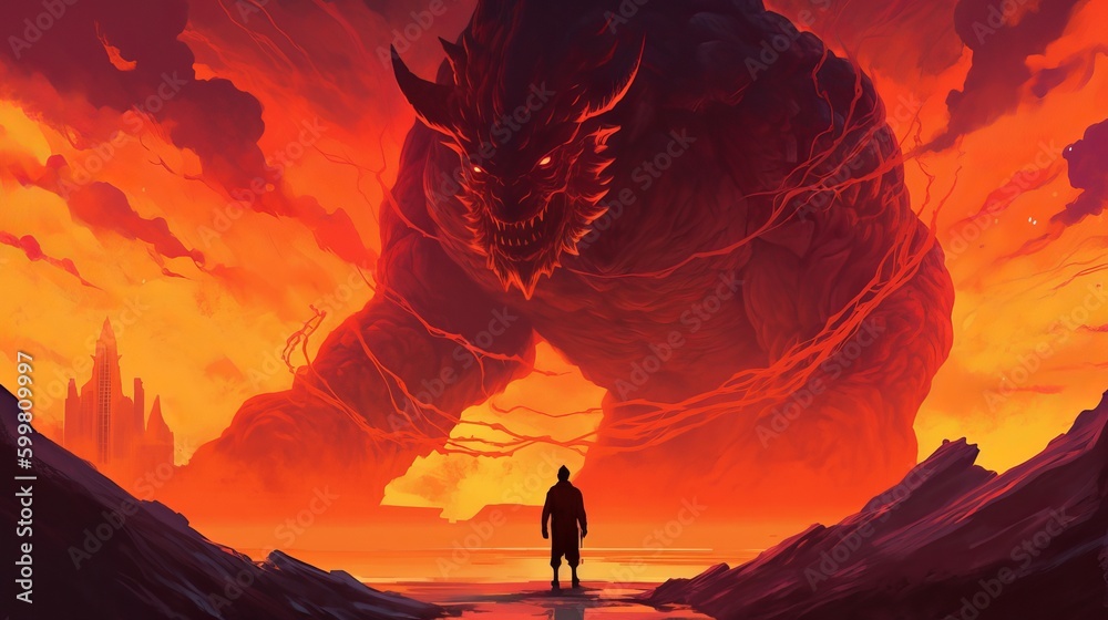 a person standing in front of a giant demon in the fiery sky, 32k uhd ...