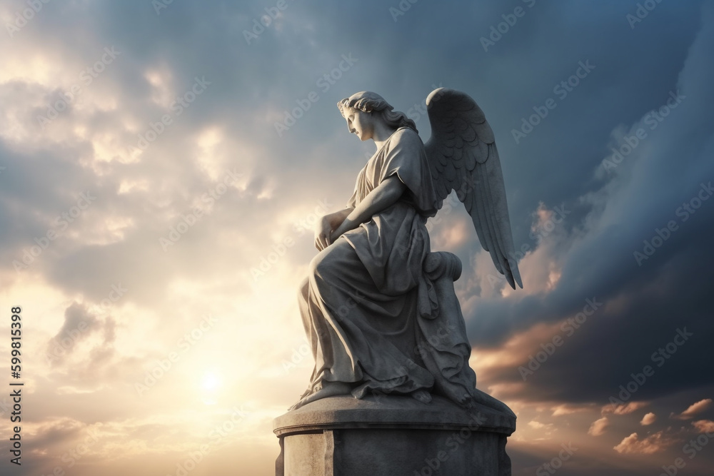 Culture and religion concept. Angel ancient statue in cloudy sky ...