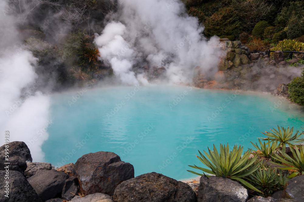 Umi Jigoku blue water hot spring. One of the eight hot springs is ...