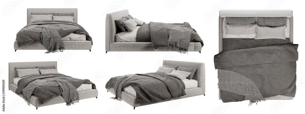 isometric bed with pillows mockup, top view, font view, side view ...