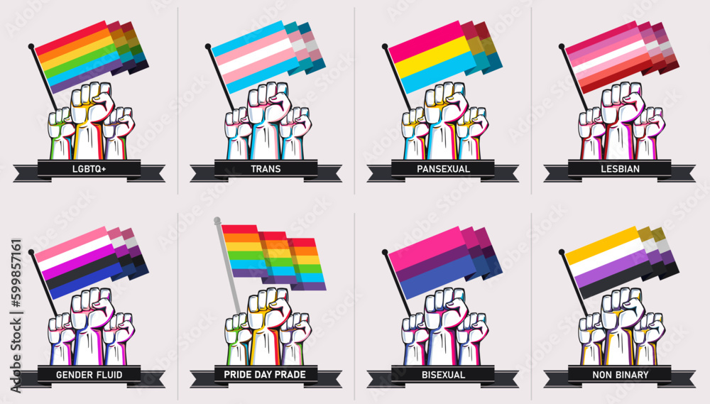 LGBTQ flags set with modern abstract style design. Rainbow flag colored LGBT rights campaign ...