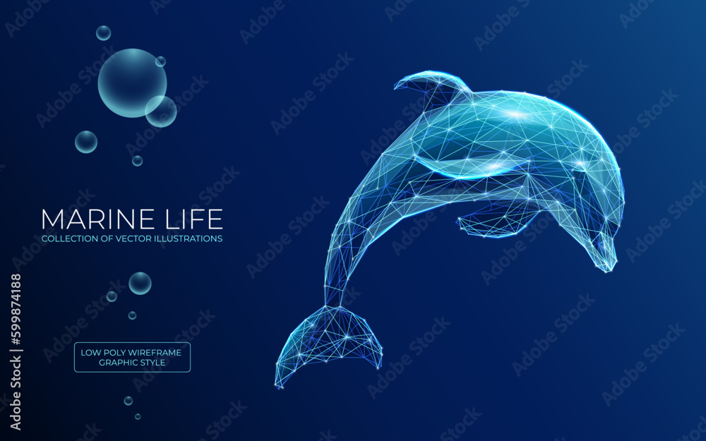 Abstract jumping dolphin in polygons on technology blue background. Low ...