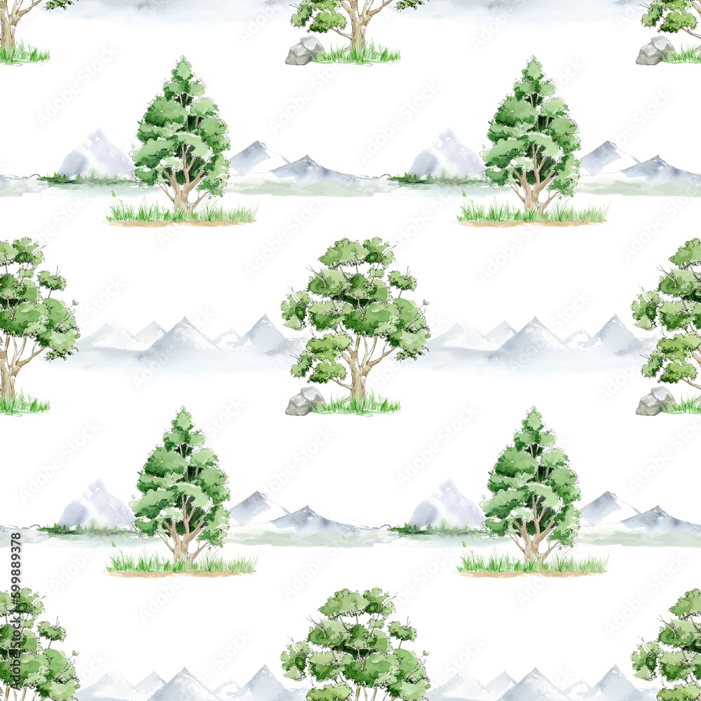 Watercolor trees seamless pattern. Green forest hand drawn background ...