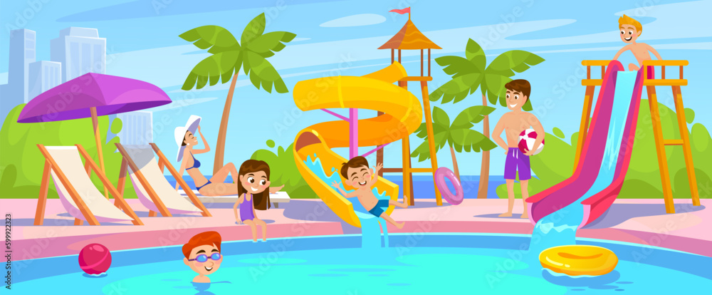 Cartoon style vector illustration of an aqua park with an outdoor ...