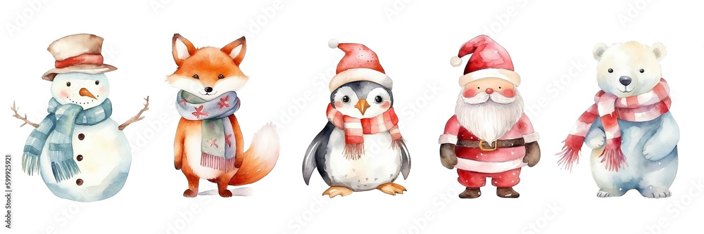 Set of watercolor characters isolated on white background. Polar bear ...