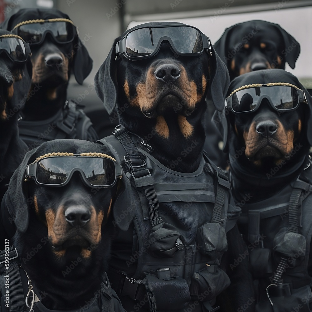 Anthropomorphic dog rottweilers in a military black outfit with black ...