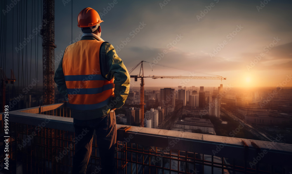 Engineer wearing protective cask and yellow vest looks at the ...