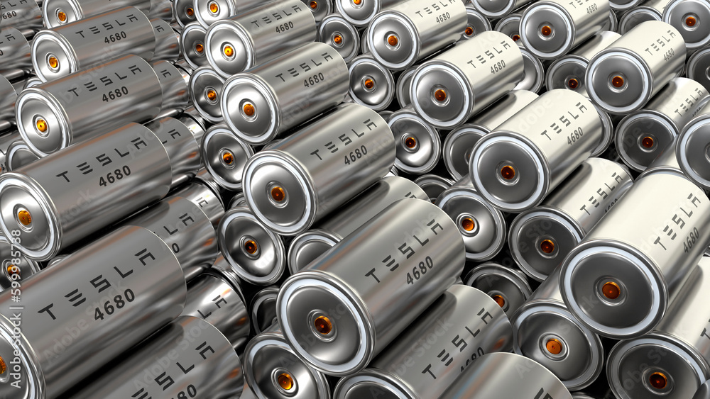 Foto de Stock 4680 Tesla battery array, High-capacity li-ion ...