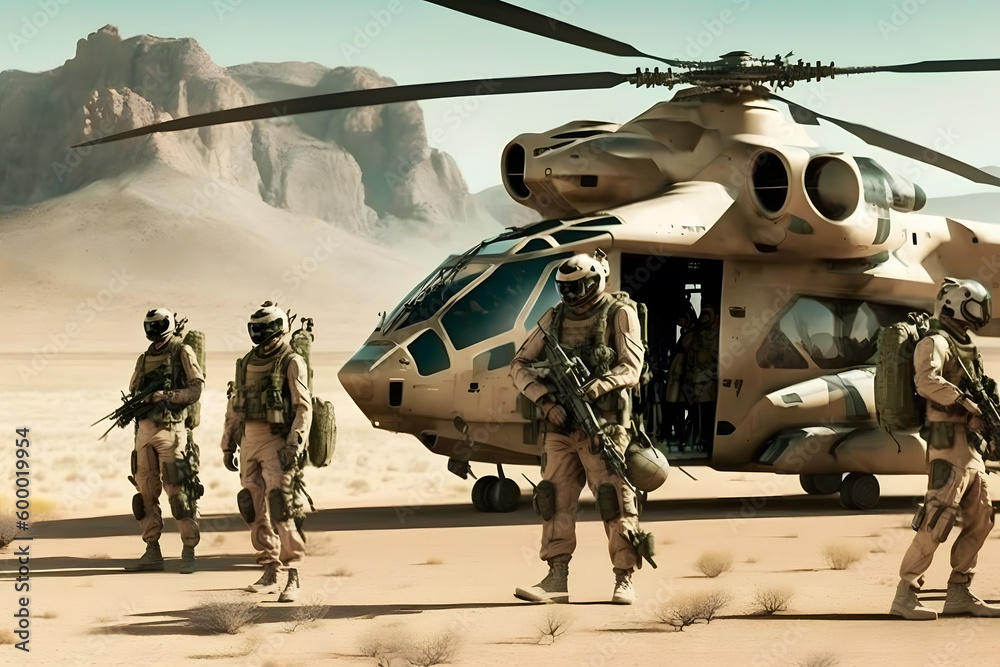 Special force assault team in a mission with helicopter background ...