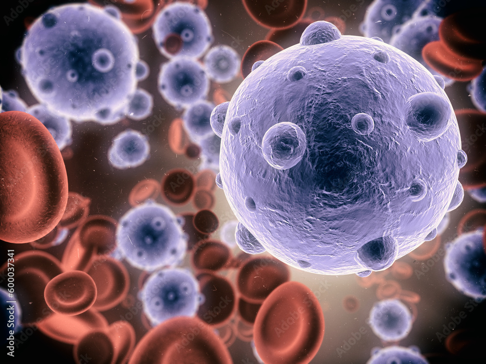 Microscope, virus and healthy cells with blood, illness and medical ...