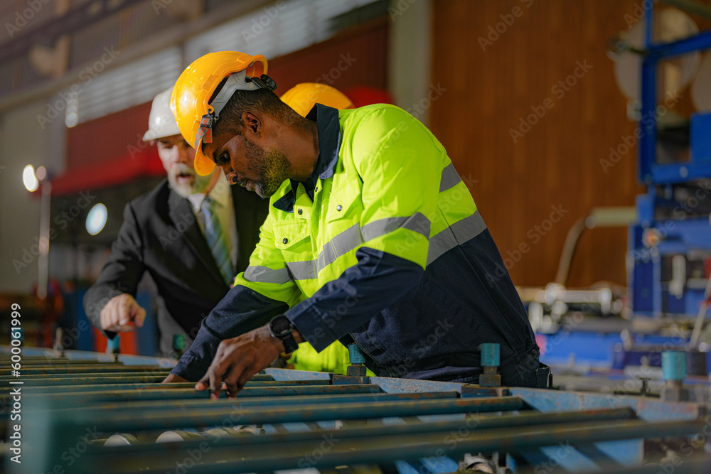 Senior boss manager inspecting with staff engineers woman and African ...
