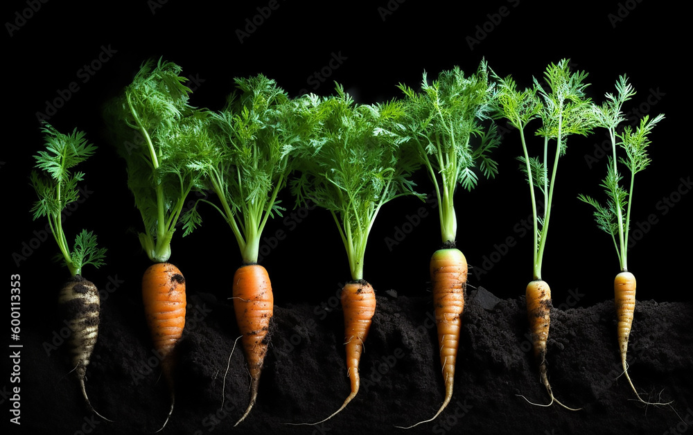 Row of carrots at various growth stages, rooted in soil with lush green ...