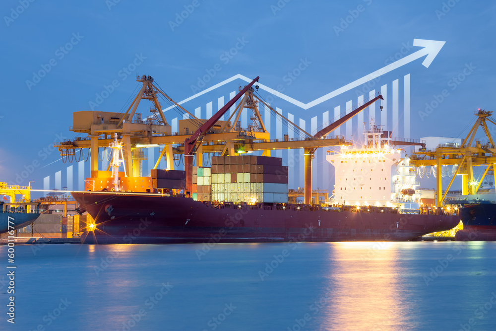 Cargo ship, cargo container work with crane at dock, port or harbour ...