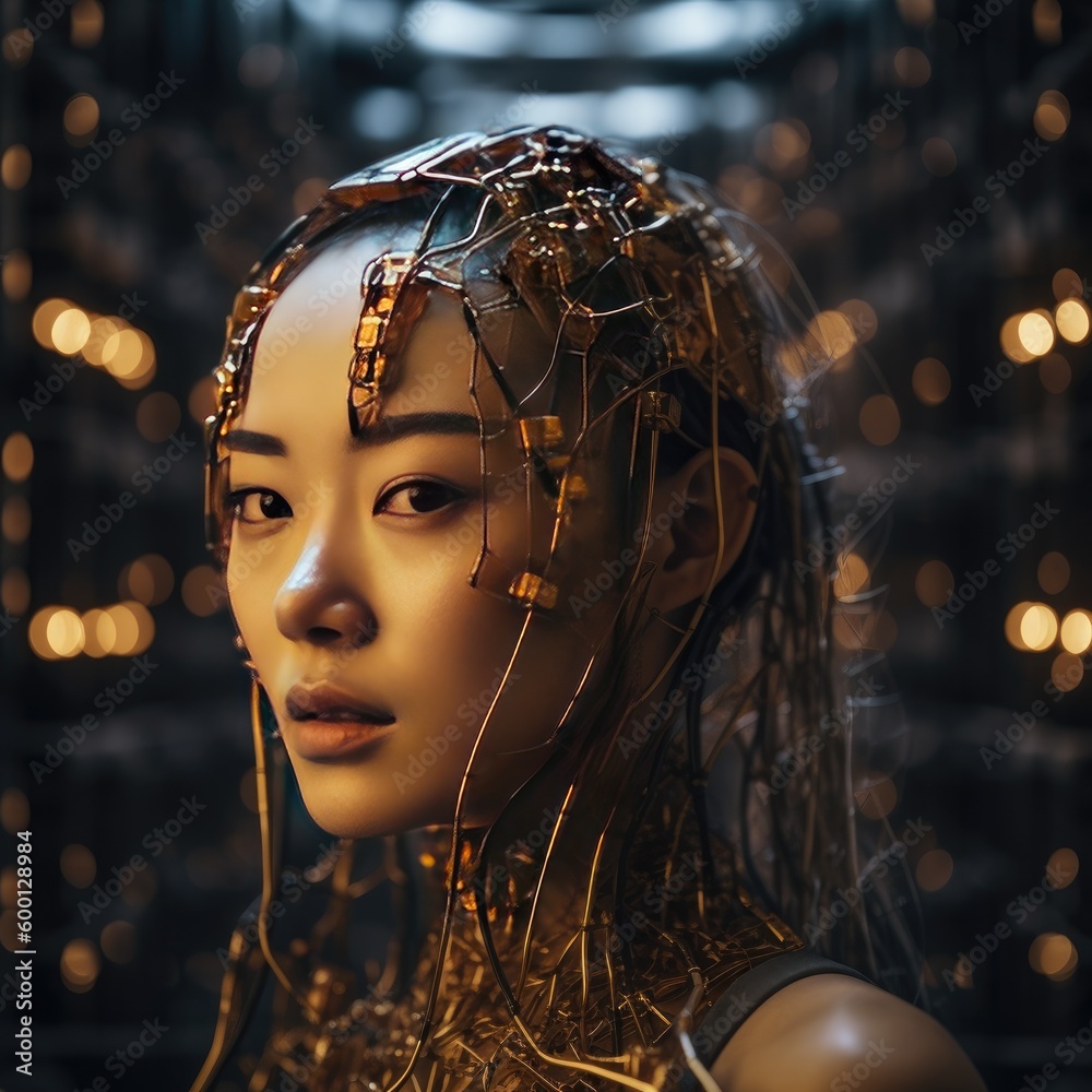Ilustración de Stock Golden asian humanoid AI Cyber person, thinking with a neural network. Gold ...