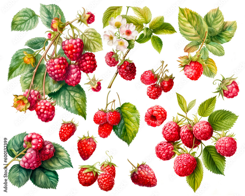 Watercolor painting of a Raspberries fruit set isolated on white ...