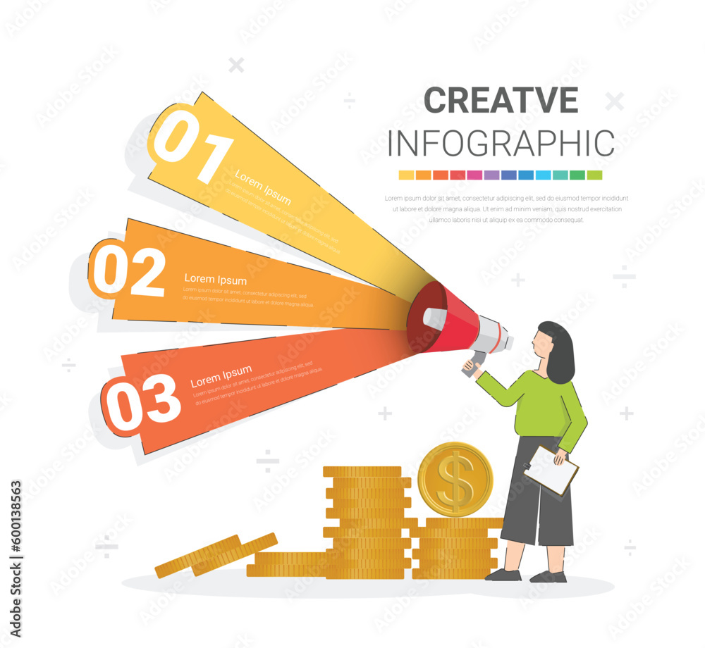 Business woman presenting with infographic 3 step, Woman characters ...