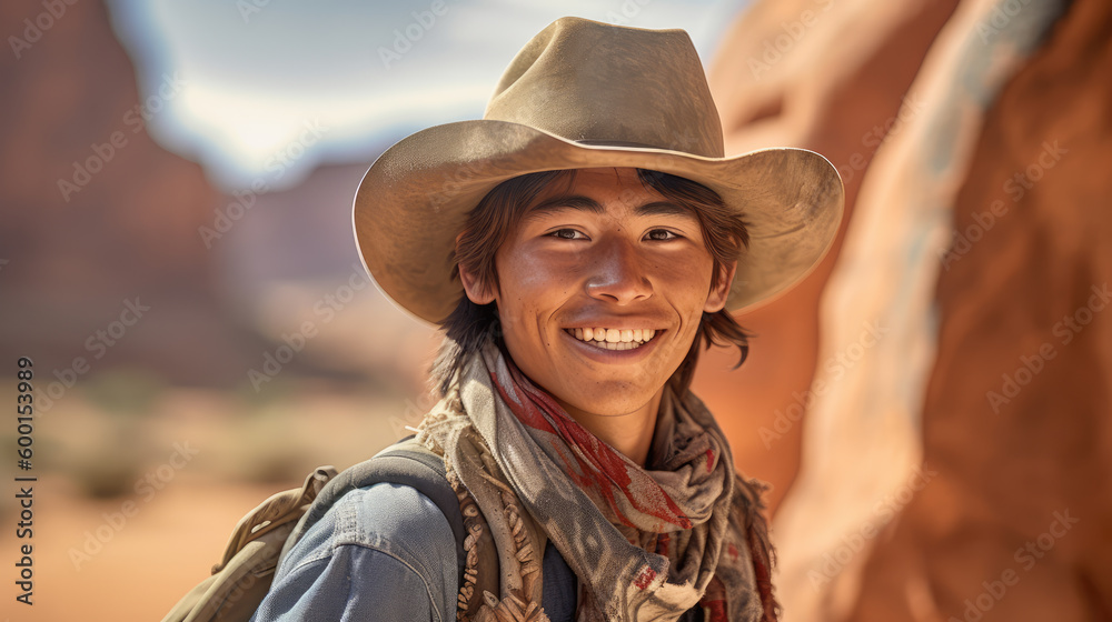 Portrait of a young Native American boy wearing a cowboy hat by ...