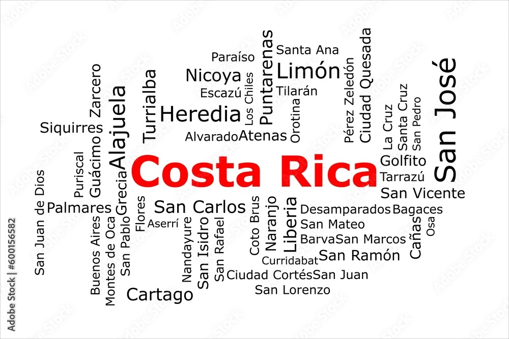 Tagcloud of the most populous cities in Costa Rica. The title is red ...