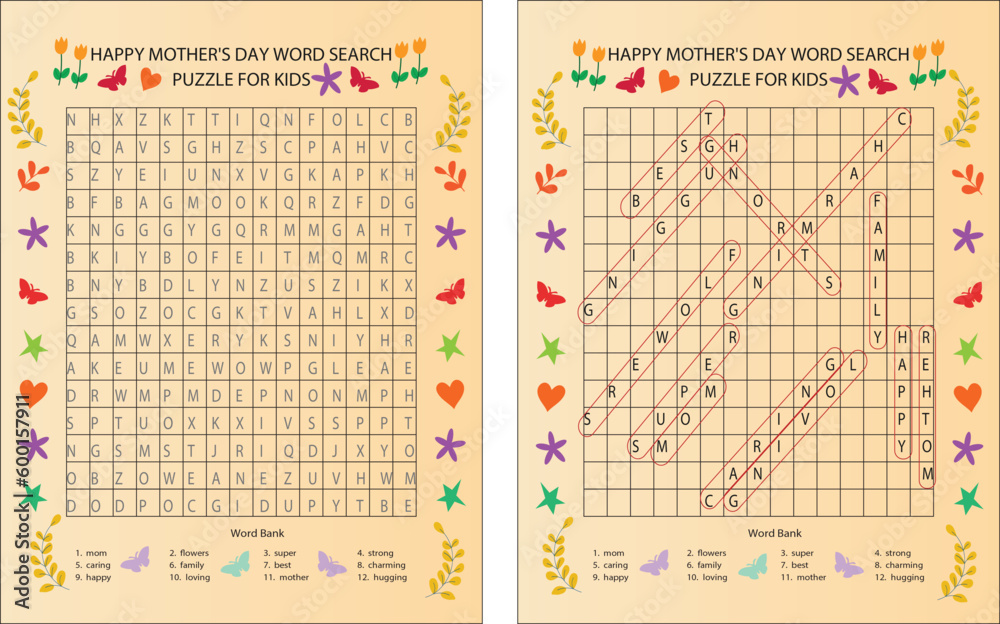 HAPPY MOTHER'S DAY WORD SEARCH PUZZLE FOR KIDS. Intellectual worksheet ...