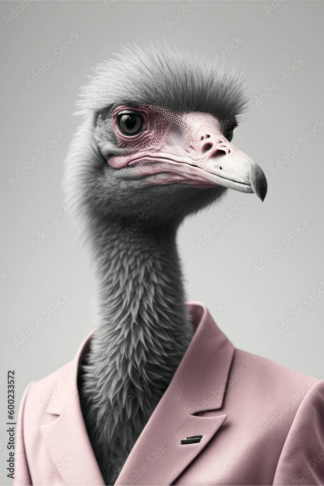 humanized black and white ostrich wearing a elegant pink suit white ...