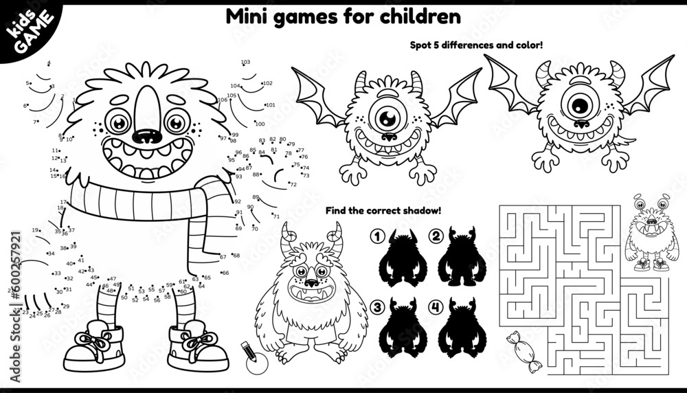 Vector set of outline kids games with cartoon monsters. Printable ...
