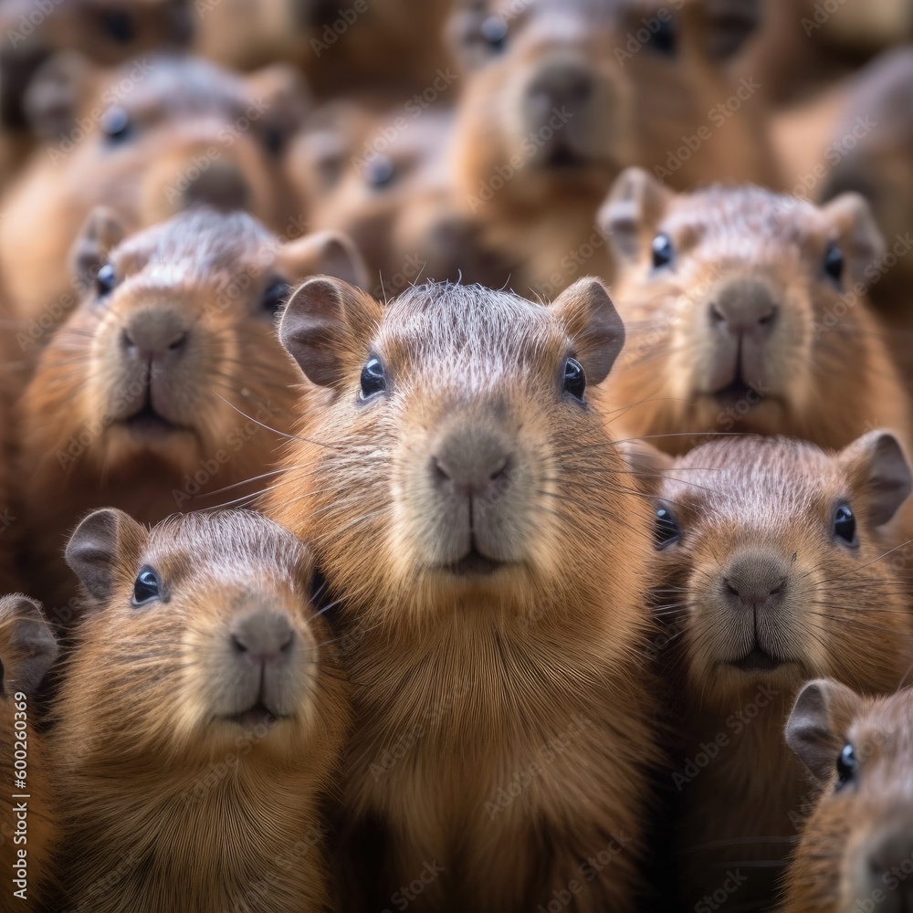 A closeup of a cute group of capybaras, highly capybara, a bunch of ...