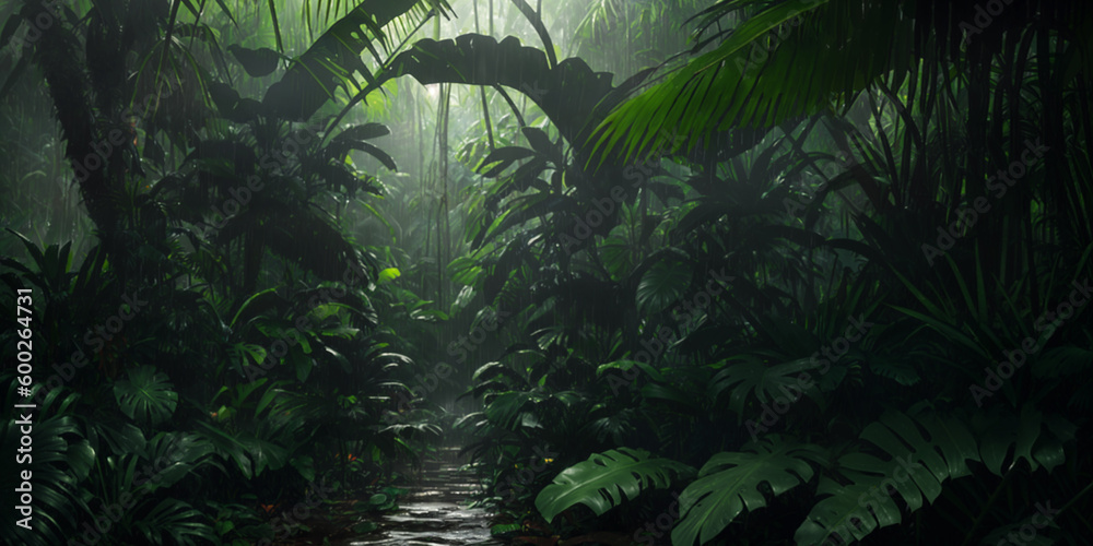 Jungle during heavy rain. Dark tropical forest with exotic plants, palm ...