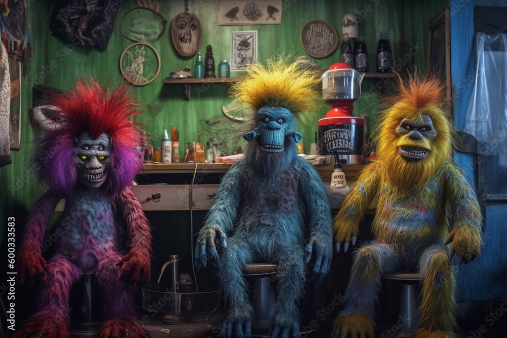 Scary nightmare hairy alien monsters in a modern barbershop. Cute ...