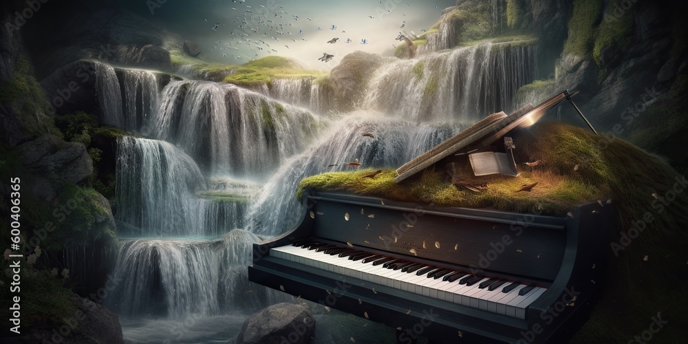Surreal landscape with a waterfall of musical notes cascading from a ...