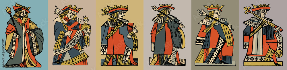 Vector set of illustrations of medieval characters: king, queen, prince ...