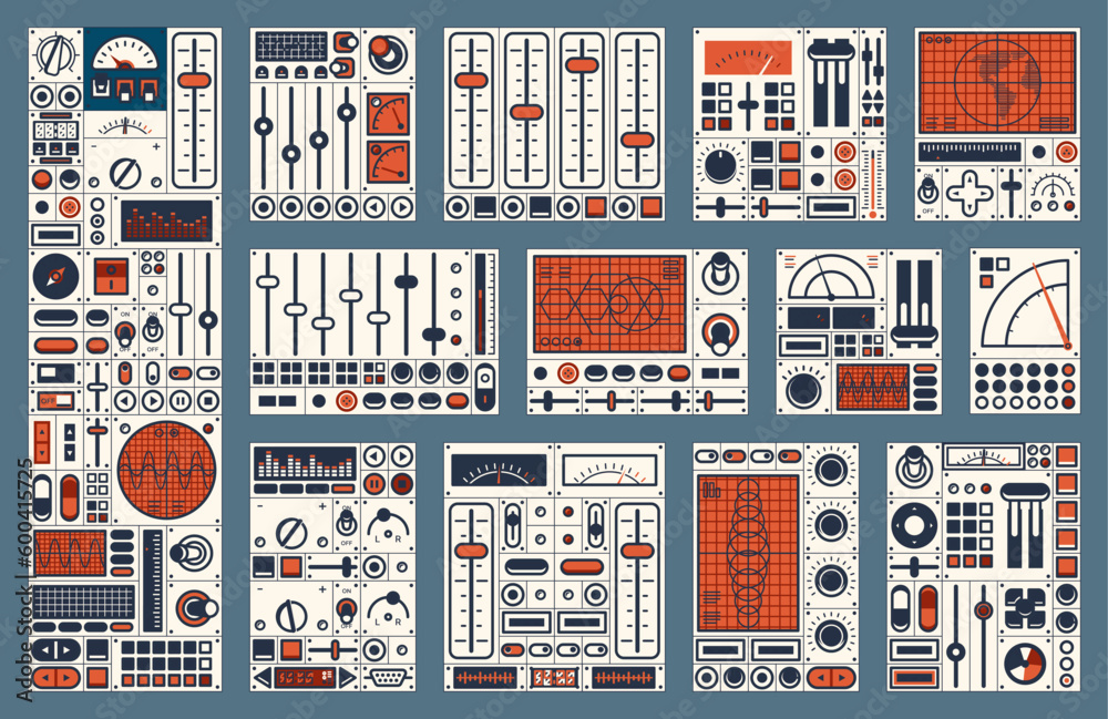 Retro dashboard. Control panel dial, switch, knob, buttons. Spaceship ...