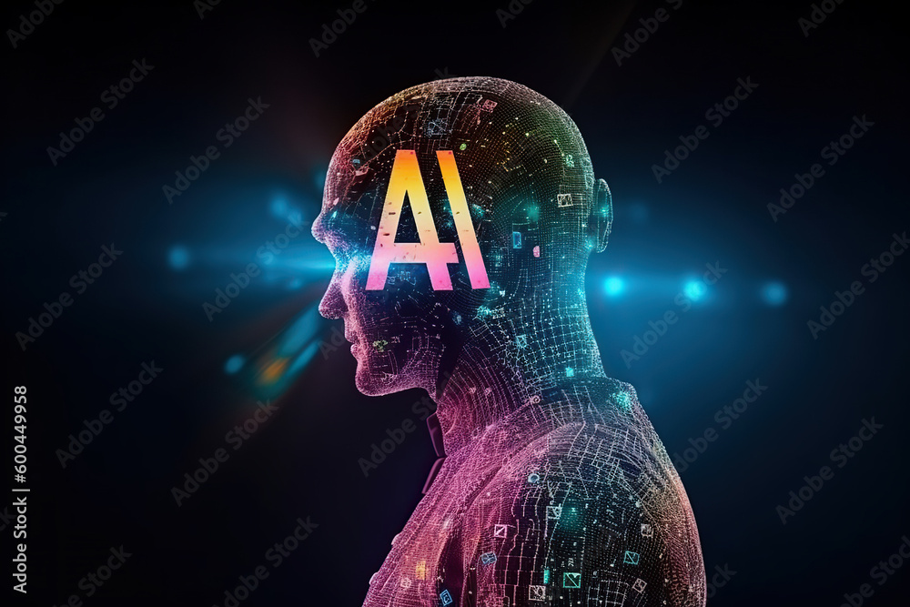 Generative AI image of robot male model with neon lights and with ...